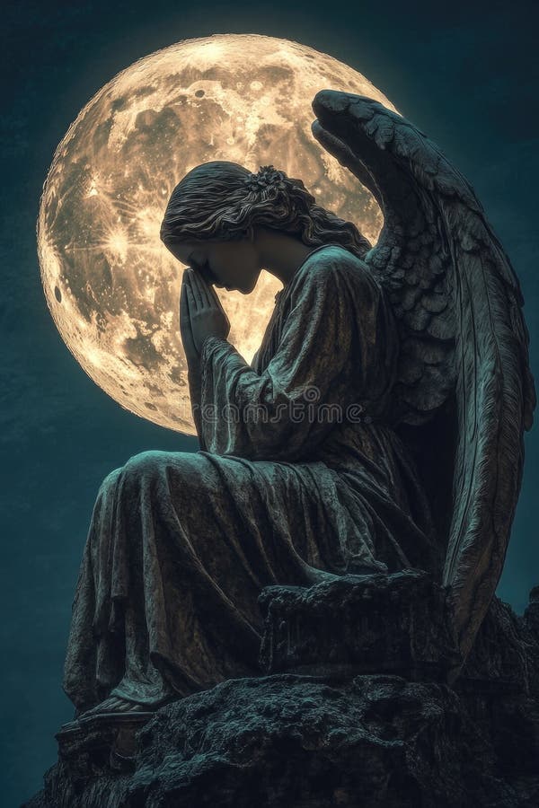 Angel Statue at Full Moon stock image. Image of moon - 376638647