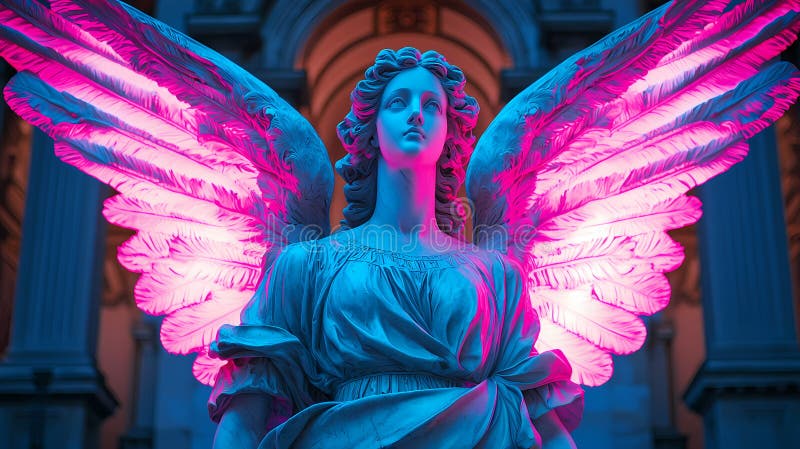 Majestic Angel Statue with Glowing Neon Wings in Urban Setting Stock ...
