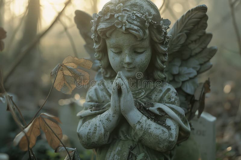 Angel Statue in Praying Pose Surrounded by Branches Stock Image - Image ...