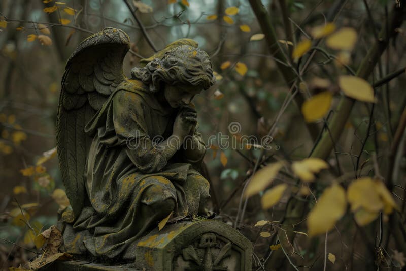 Angel Statue in Praying Pose Surrounded by Branches Stock Photo - Image ...