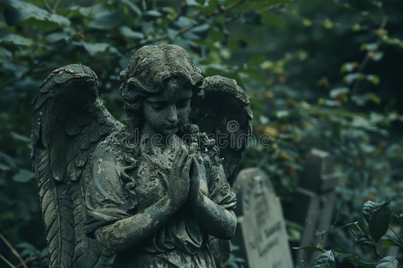 Angel Statue in Praying Pose Surrounded by Branches Stock Photo - Image ...