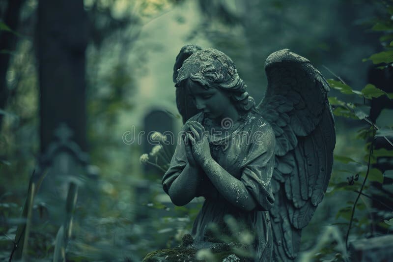 Angel Statue in Praying Pose Surrounded by Branches Stock Photo - Image ...