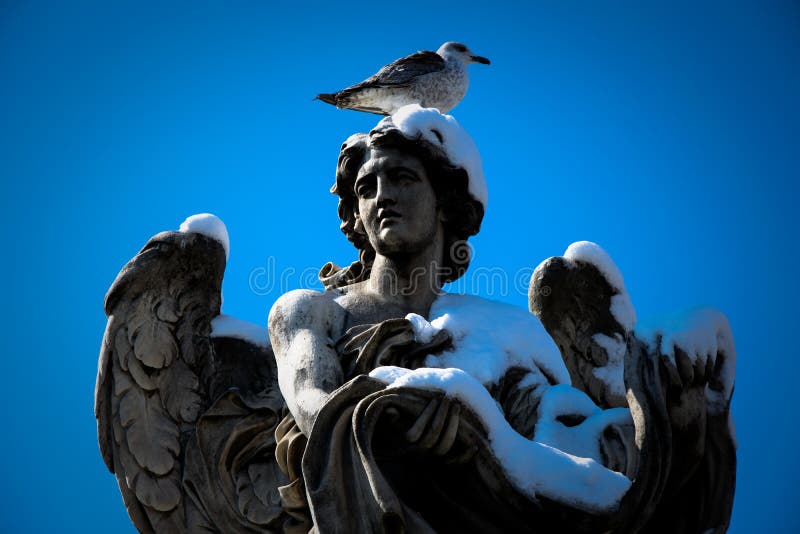 Angel Statue in Rome - Italy - in Winter with Snow Stock Image - Image ...