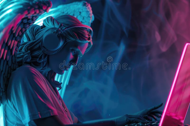 Angel Statue Working on Laptop, Suitable for Technology Concepts Stock ...