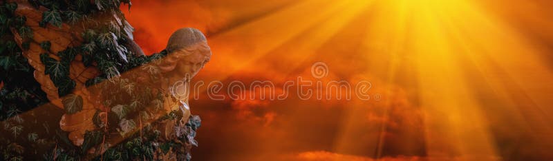 Angel in Sun Rays Against Dramatic View of Cloudy Sky. Copy Space for ...