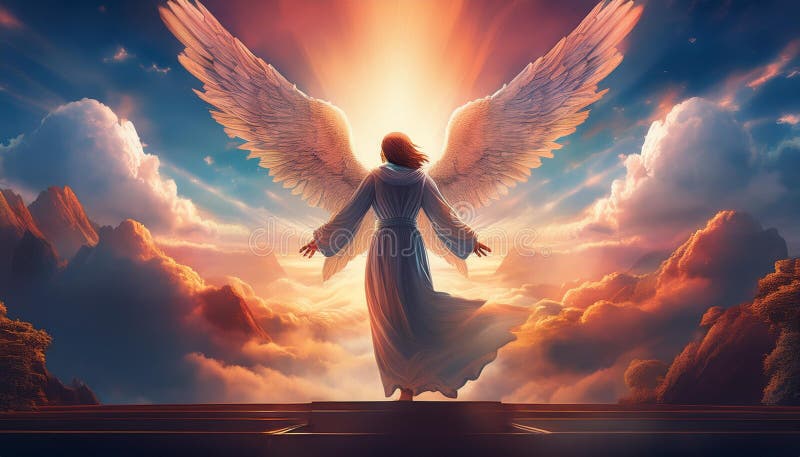 Angel at Sunset in the Clouds Stock Illustration - Illustration of face ...