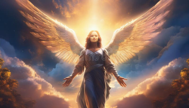 Angel at Sunset in the Clouds Stock Illustration - Illustration of ...