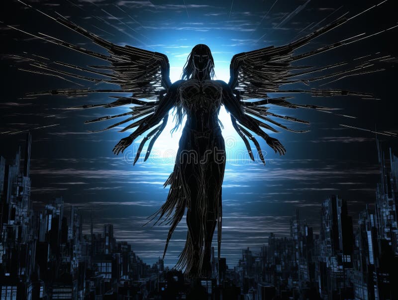 An Angel with Wings Standing in Front of a City at Night Stock ...