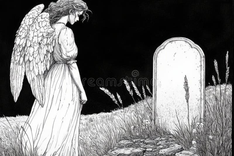Angel with Wings Stands Solemnly by a Gravestone Stock Image - Image of ...