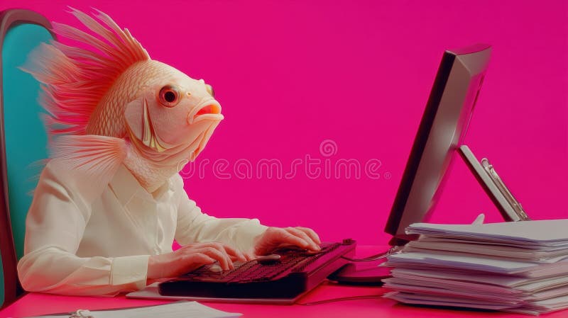 Angelfish in Office Attire Typing at Computer Desk Stock Illustration ...
