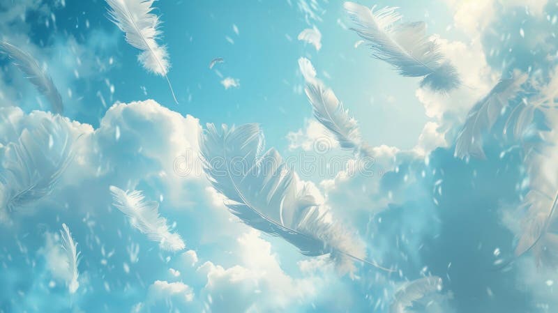 Angelic Feathers Descending from Soft Cloudy Sky Stock Photo - Image of ...