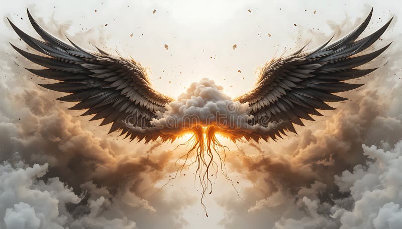Angelic Wings Emerging from Clouds with Root Like Structures and Bright ...