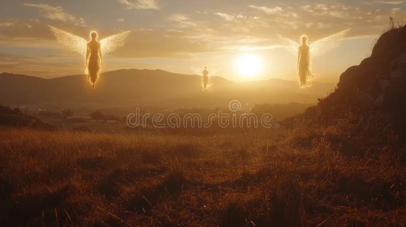 Two Angels Appear in the Sky during a Sunrise in the Desert Stock Photo ...