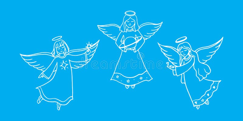 Angels Hand Drawn Linear Illustration on Isolated Blue Color Background ...