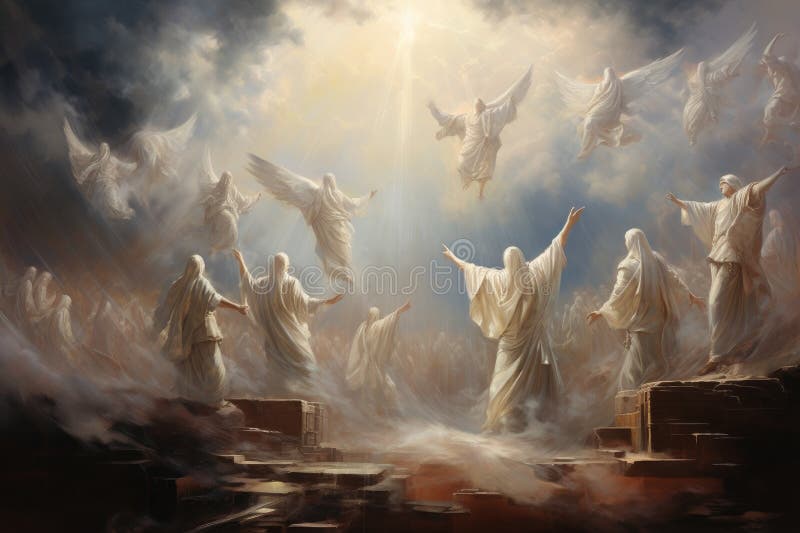 Angels and Religious Figures in a Dramatic, Heavenly Scene with Clouds ...