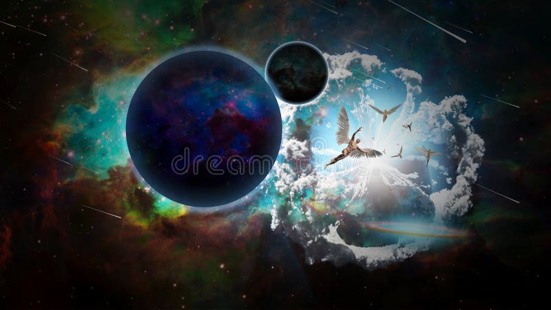 Angels in space stock illustration. Illustration of fantasy - 215355274