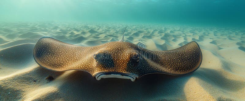 An Angelshark Swims Gracefully Over the Sandy Bottom in the Blue Ocean ...