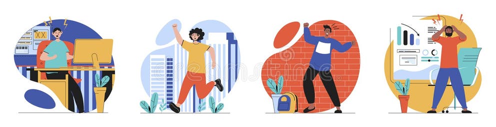 Anger Emotion Concept with People Scenes Set in Flat Web Design. Bundle ...