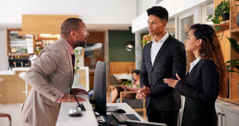 Anger, Receptionist and People at Front Desk of Hotel for Frustrated ...