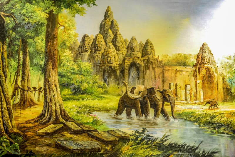 Gold Painting Angkor Thom with Two Elephant Stock Image - Image of ...