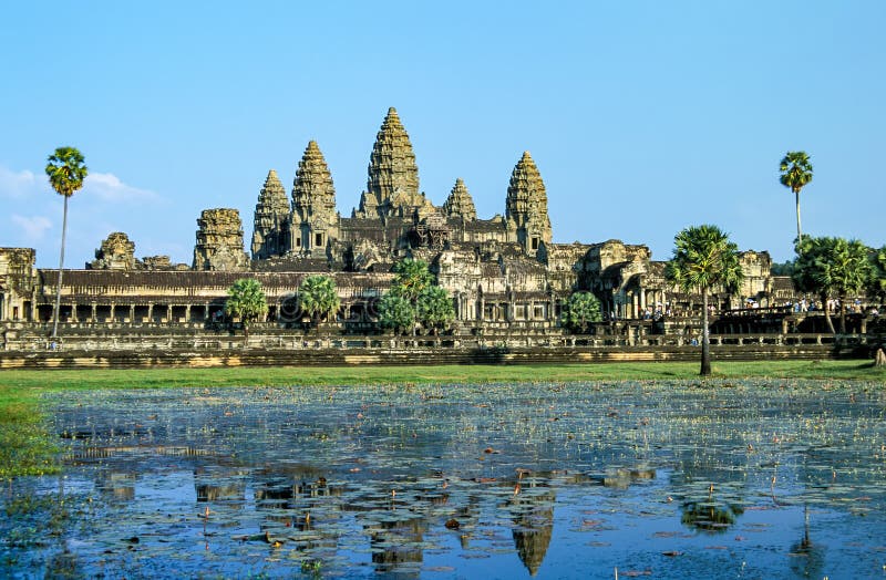 Angkor Wat Reflection in Lotus Pond with Boat on Evening, Siem Reap ...