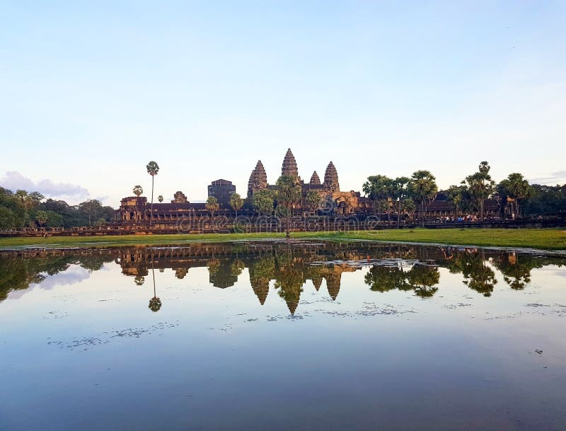 Angkor Wat and Red Sky Reflected in the Lake at Sunrise, View of ...