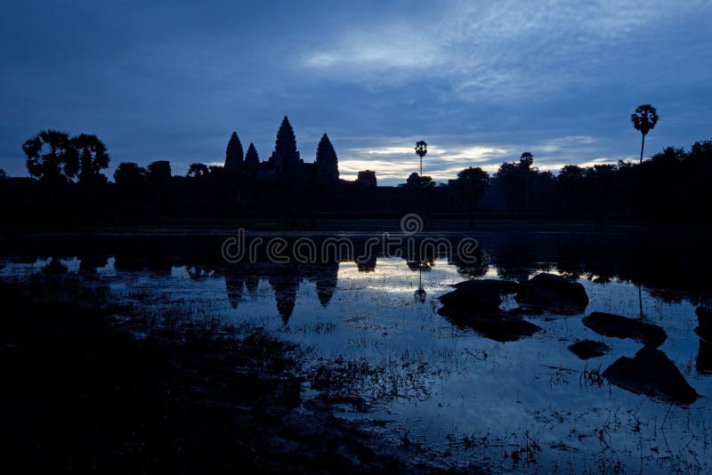 Angkor Wat Silhouette at Dawn Against Dark Blue Sky Stock Image - Image ...