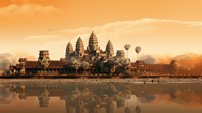 Baroque Angkor Temple at Sunrise in Futuristic Style Stock Illustration ...