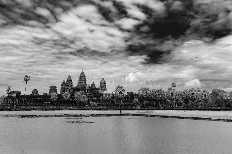 Angkor Wat Temple Complex with Dramatic Sky in Black and White Stock ...
