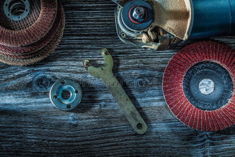 Angle Grinder Abrasive Discs Key on Vintage Wooden Board Stock Image ...
