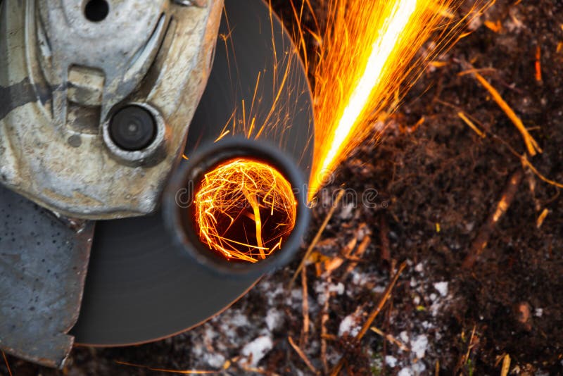 Angle Grinder Machine Works with Bright Sparks Stream, Close Up Stock ...