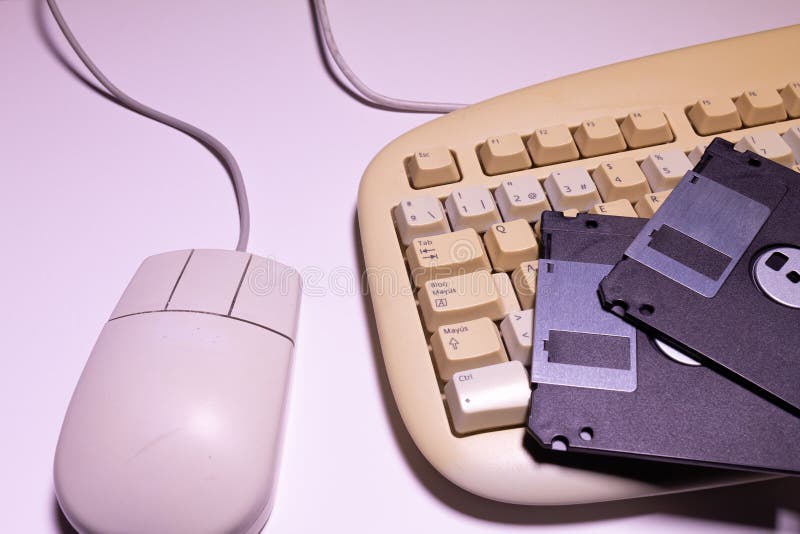 Angle Top View of an Old Computer Keyboard, a Mouse with Their Wires ...