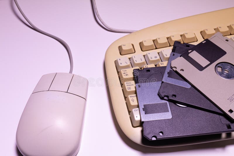 Angle Top View of an Old Computer Keyboard, a Mouse with Their Wires ...