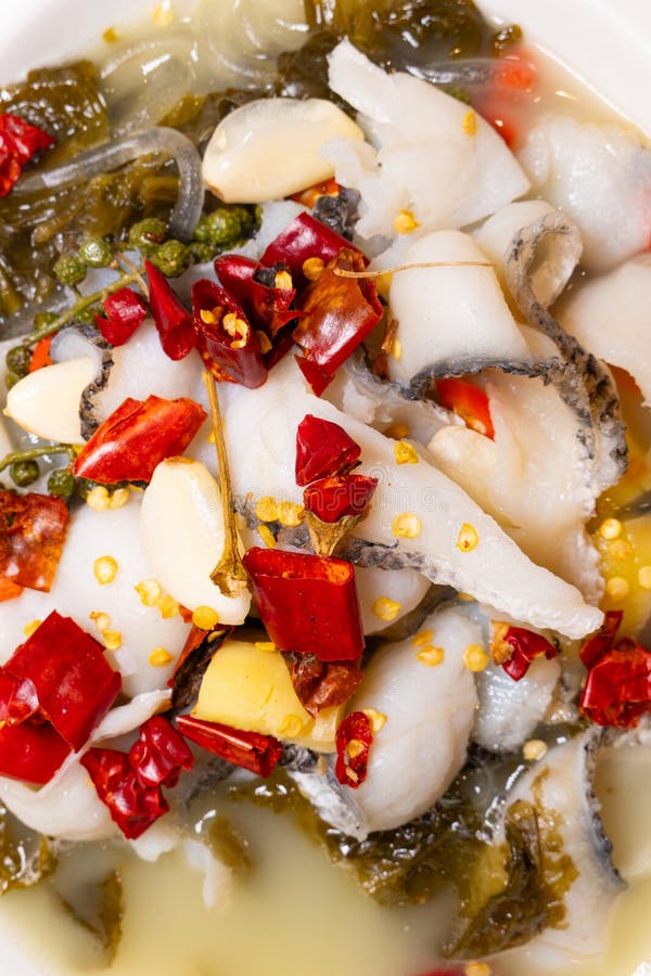 Angle View Boiled Fish with Pickled Cabbage and Chili Close Up Vertical ...