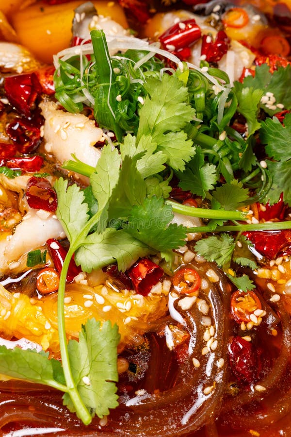 Angle View Boiled Fish with Pickled Cabbage and Chili Close Up at ...