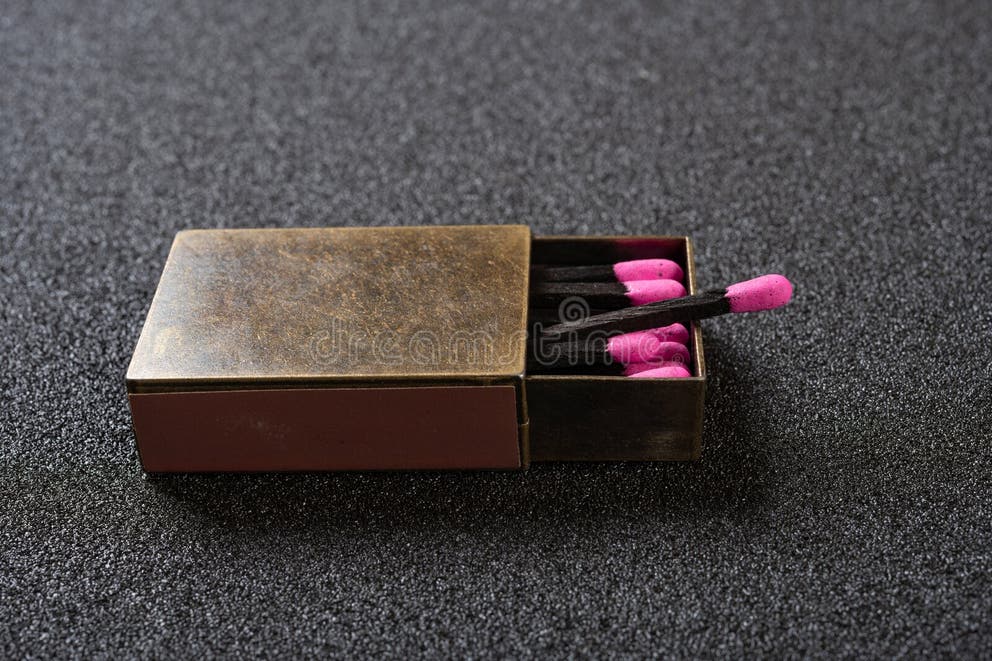Copper Matchbox with Pink Color Match Sticks at Horizontal Composition ...
