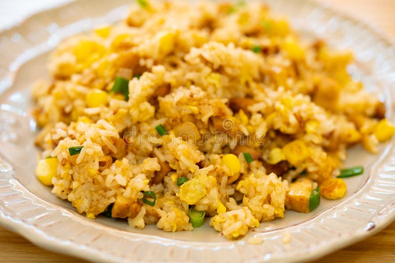 Dish of Diced Chicken and Maize and Fried Rice Stock Photo - Image of ...