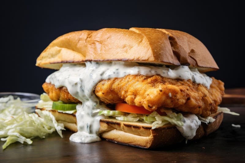 Angle View of a Fish Sandwich with Tartar Sauce Stock Image - Image of ...