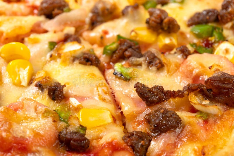 Fresh Pizza with Beef and Bacon Toppings Close Up Stock Photo - Image ...