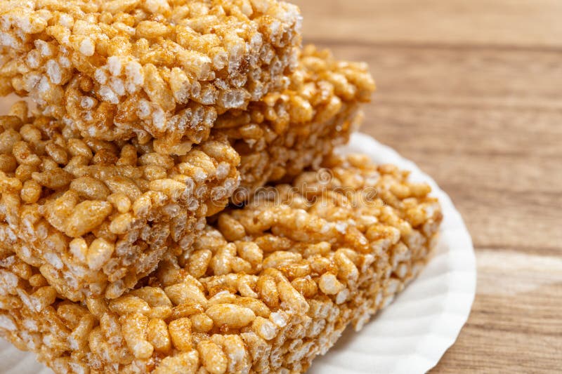 Angle View Puffed Rice Blocks on a Dish Stock Image - Image of candy ...