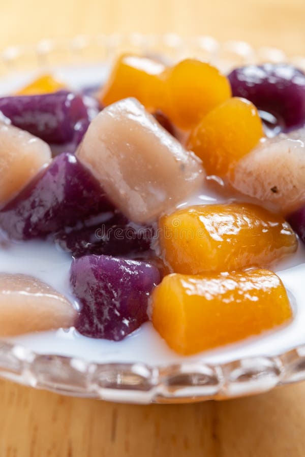 Syrup with Taro Balls and Milk Close Up at Vertical Composition Stock ...