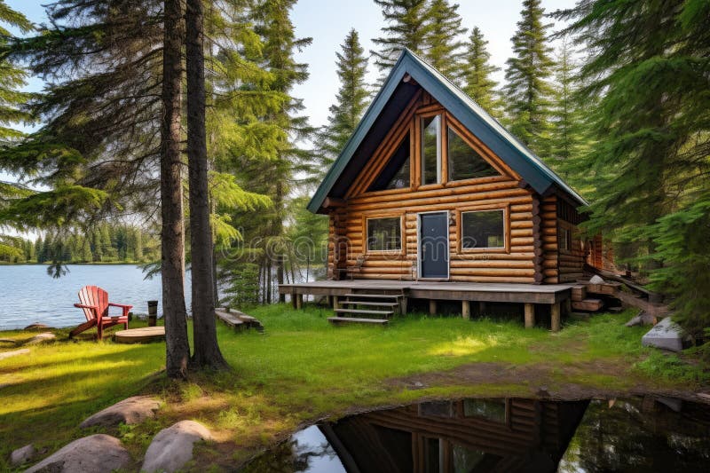 Angled Sight of a Log Cabin Surrounded by Towering Pine Trees Stock ...