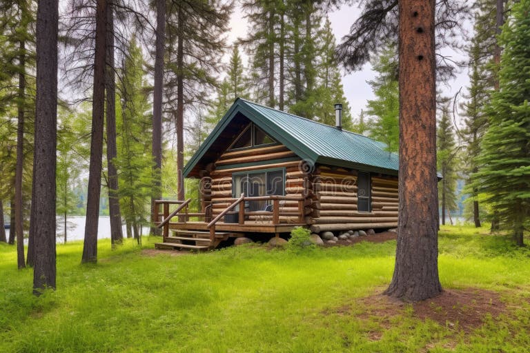 Angled Sight of a Log Cabin Surrounded by Towering Pine Trees Stock ...