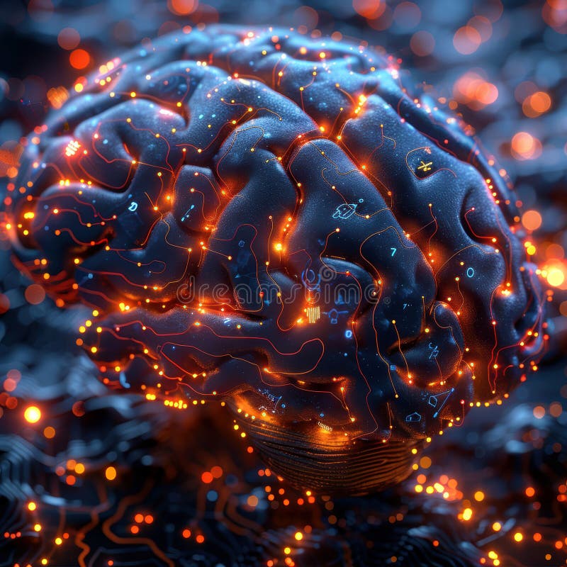 Angled Top-down Illustration of a Lighted, Warm-toned Left Hemisphere Brain with Neural Pathways ...