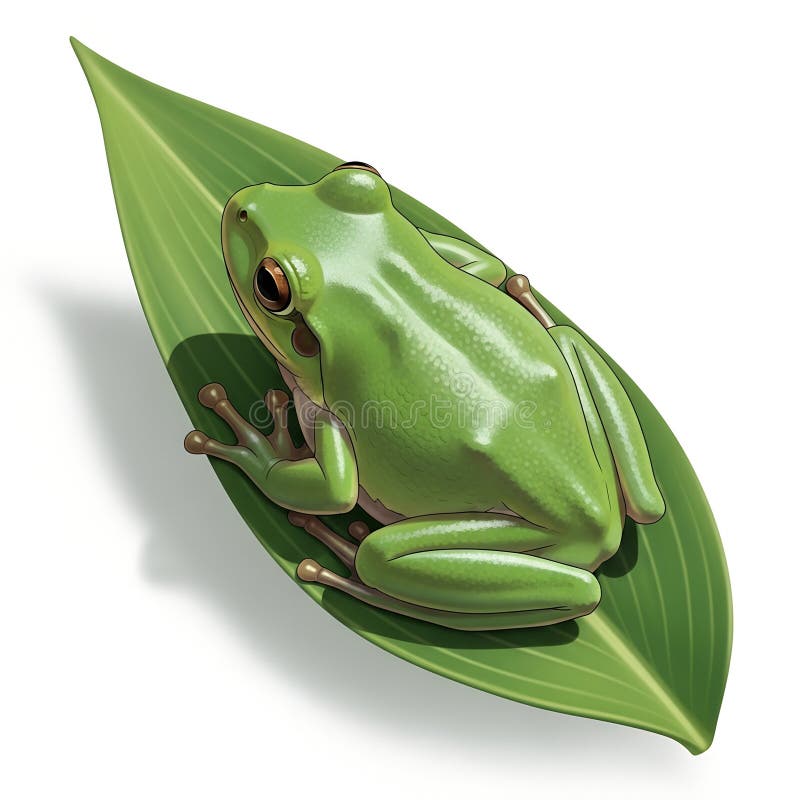 Angled View of Frog on Leaf with Soft Shadow on White Background Stock ...