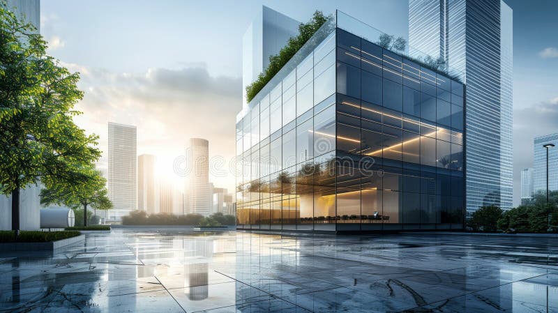 Angled View of a Large, Window Covered Building Corner Against a Blue ...