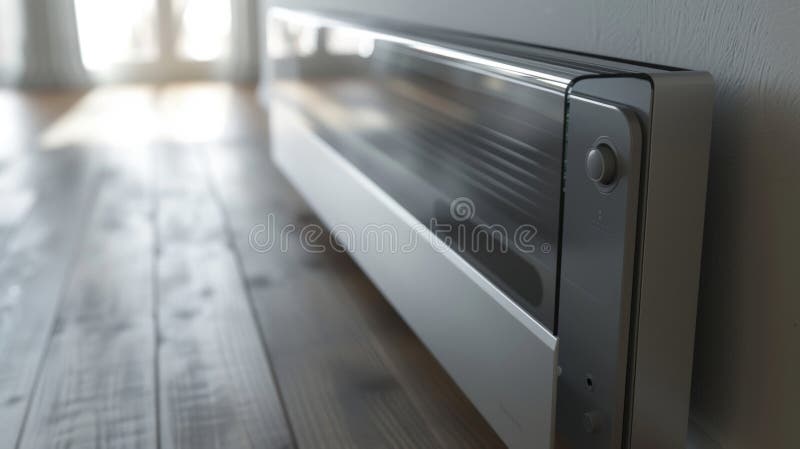An Angled View of a Silver Panel Heater with a Thin Translucent ...