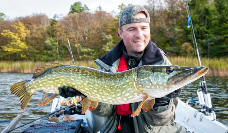 Angler with huge sea pike stock image. Image of fish - 168154403