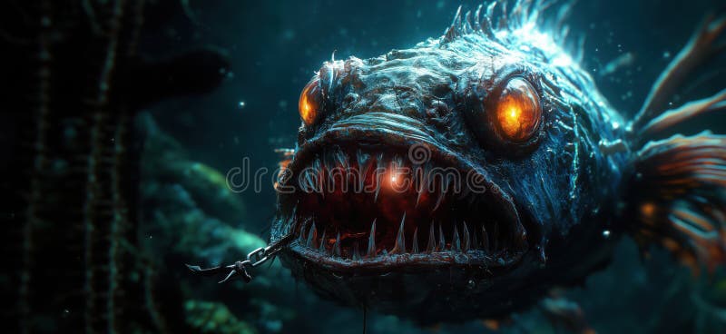 Anglerfish with Glowing Eyes and Sharp Teeth in Dark Underwater ...
