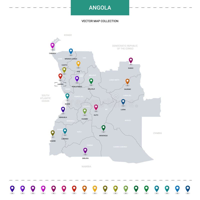 Angola map with cities. stock vector. Illustration of colors - 191837329